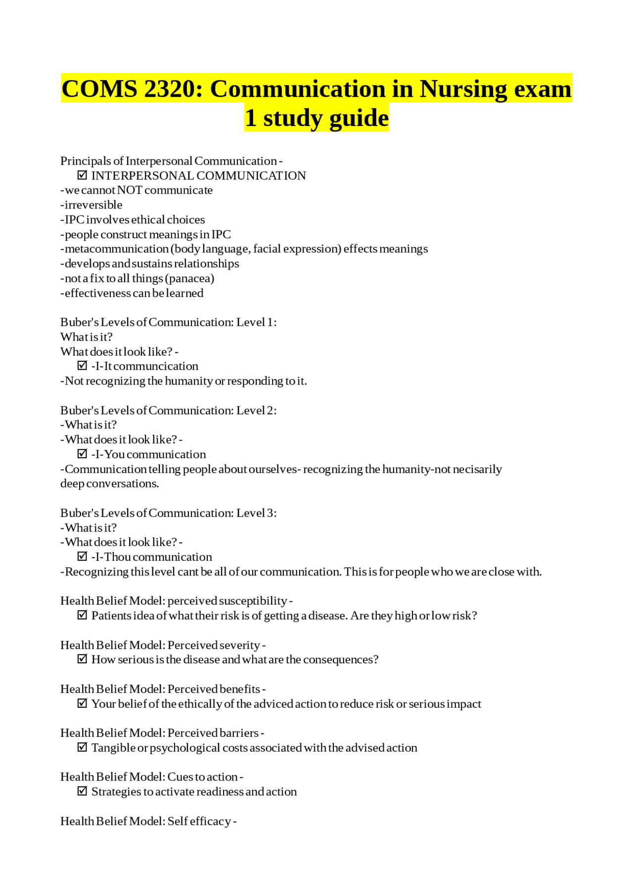 Communication in Nursing: Exam Study Guide | Exams Communication | Docsity