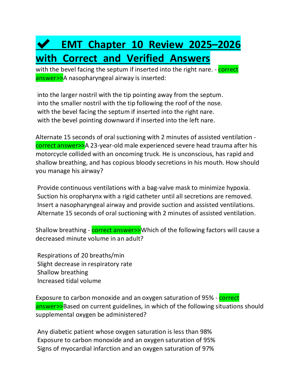EMT Chapter 10 Review Questions and Answers 2025-2026 | Exams Nursing ...