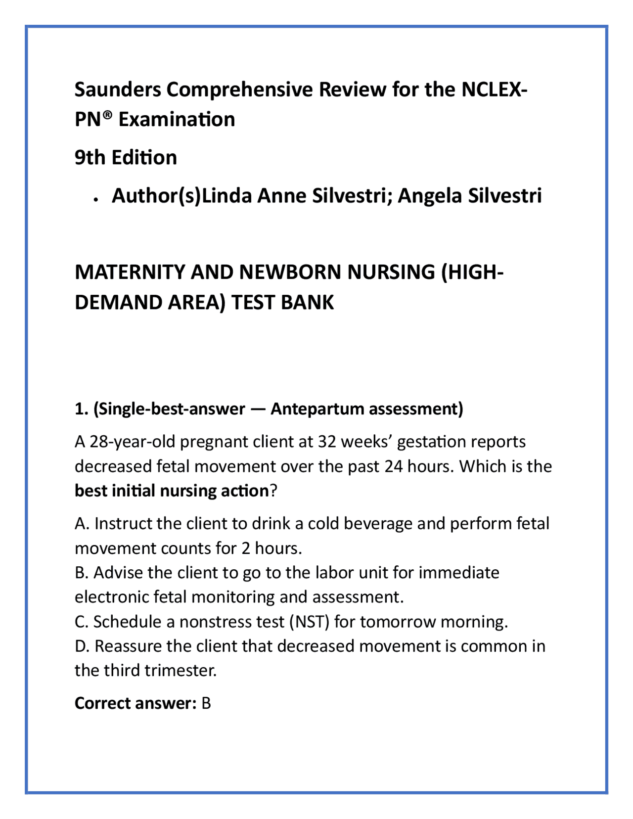 Saunders NCLEX-RN Maternity & Newborn Nursing Test Bank 2025 | 200 ...