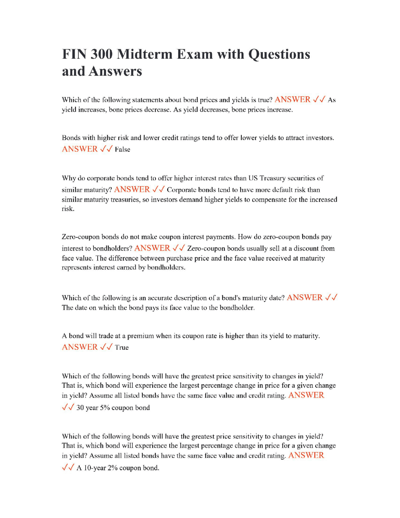 FIN 300 Midterm Exam with Questions and Answers | Exams Finance | Docsity