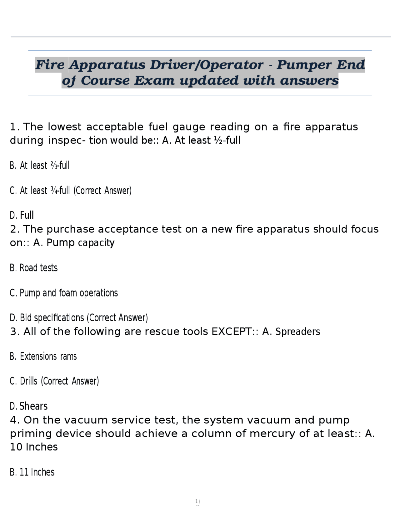 Fire Apparatus Driver/Operator - Pumper End of Course Exam with Answers ...