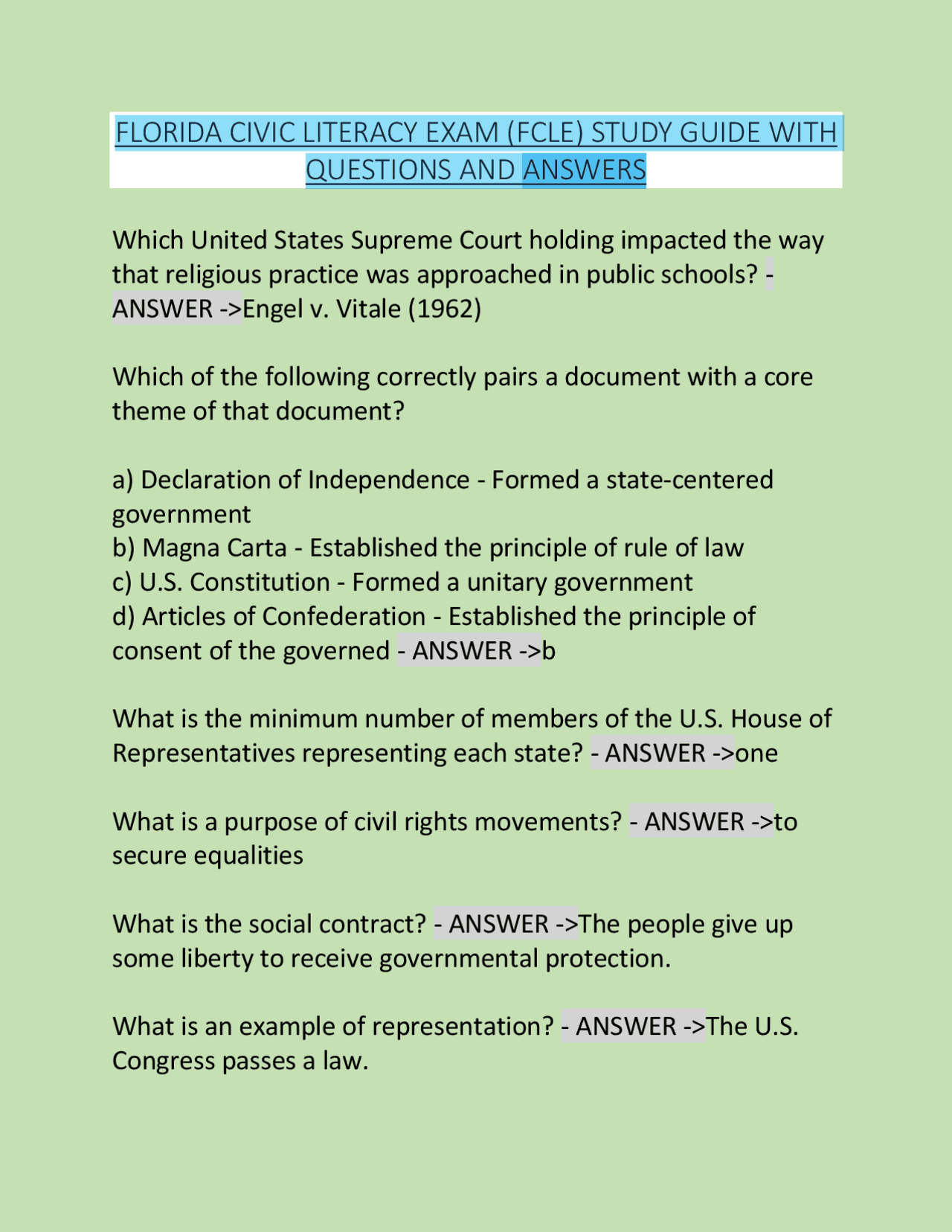 Florida Civic Literacy Exam (FCLE) Study Guide with Questions and ...