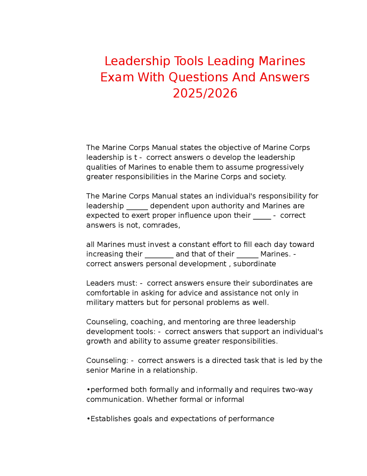 Leadership Tools for Marines: Exam Questions and Answers | Exams ...