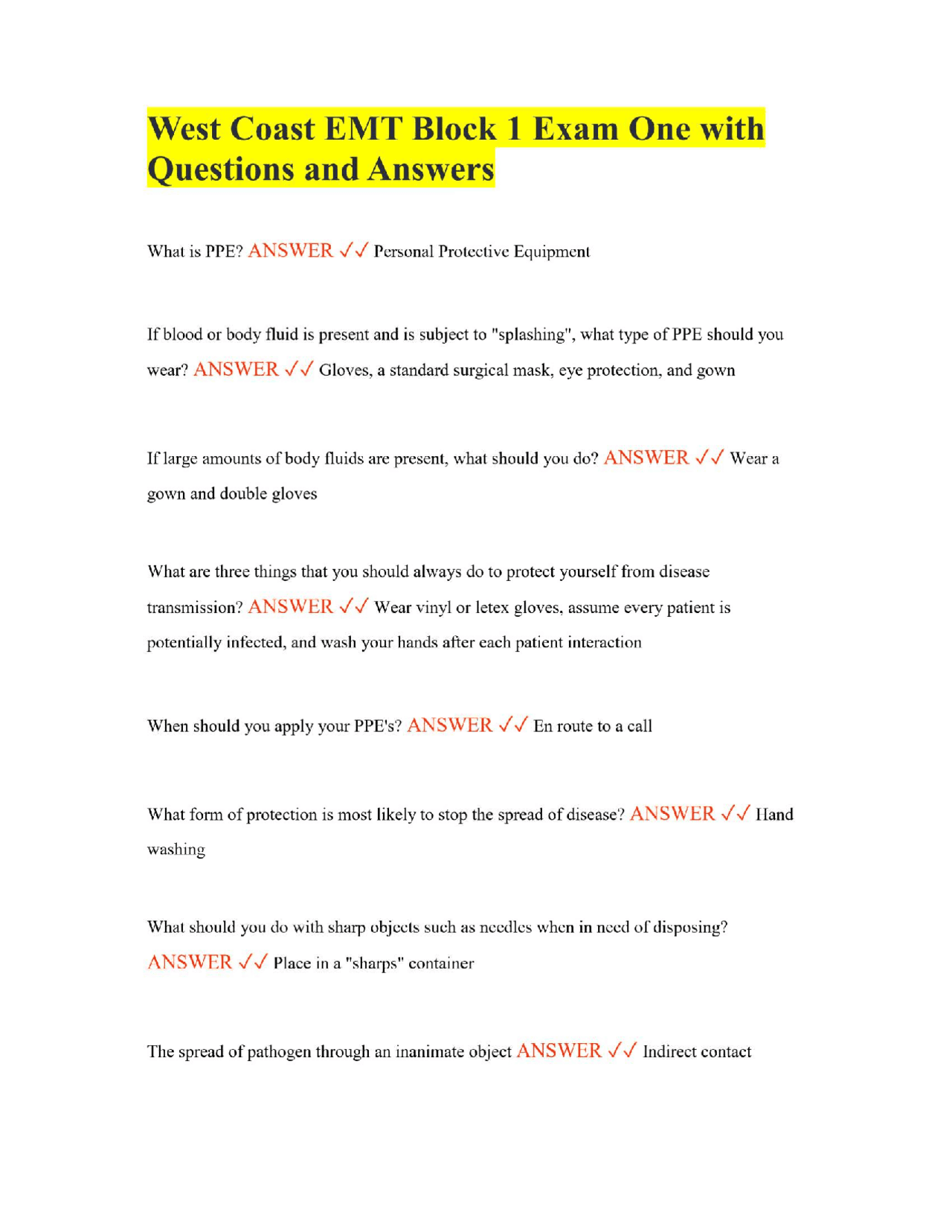 West Coast EMT Block 1 Exam One with Questions and Answers | Exams ...