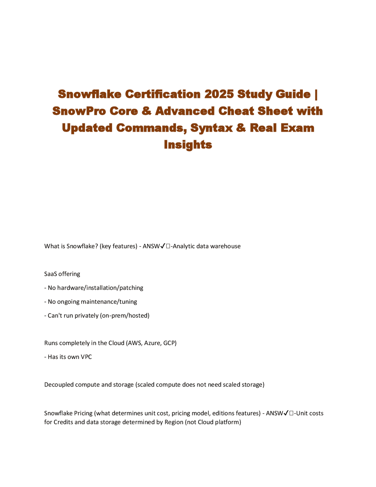 Snowflake Certification 2025 Study Guide: SnowPro Core & Advanced Cheat ...