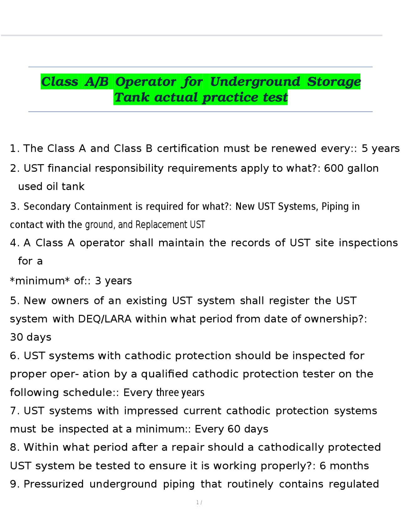 Underground Storage Tank (UST) Class A/B Operator Practice Test | Exams ...