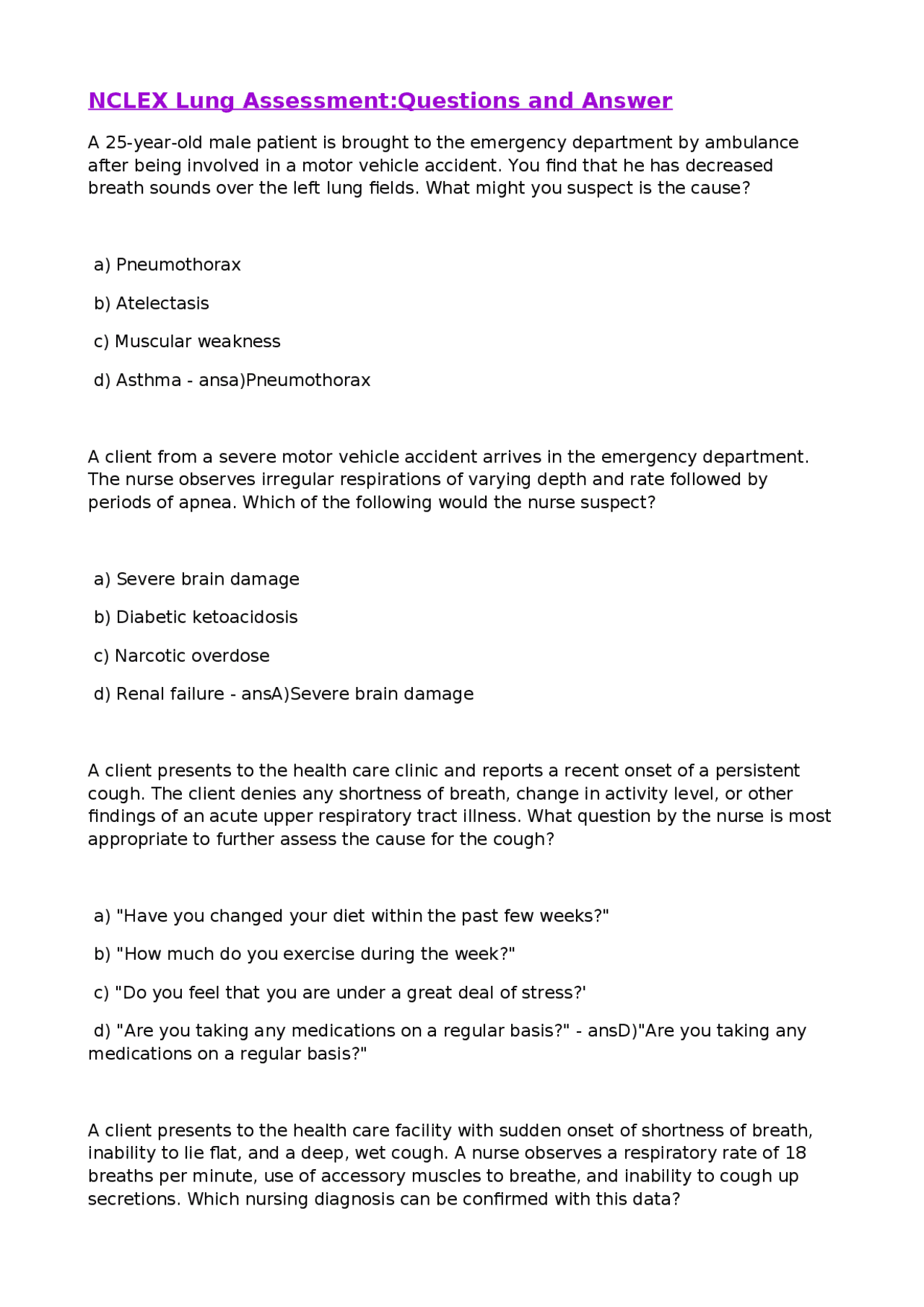 NCLEX Lung Assessment Questions and Answer.odt | Exercises Nursing ...