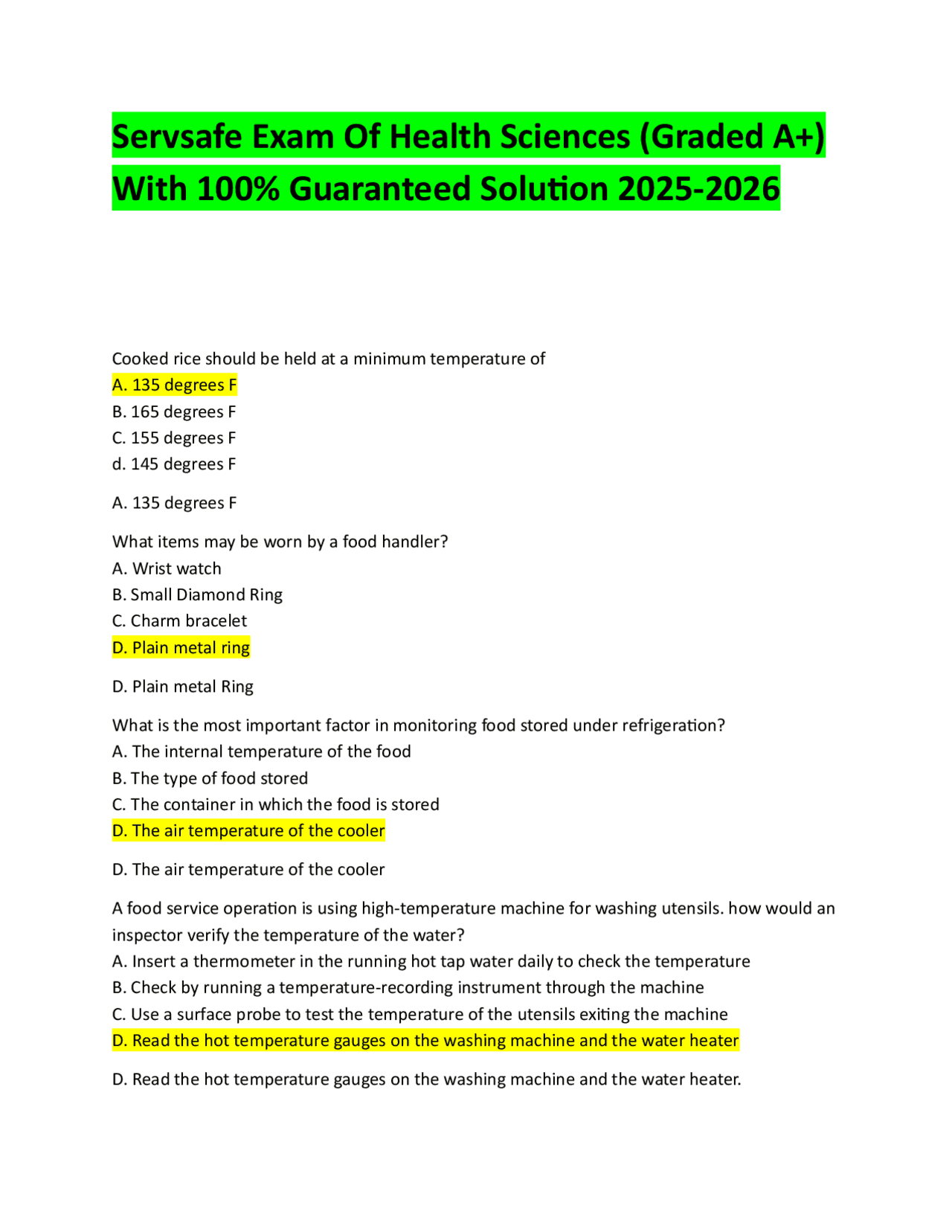 Servsafe Exam Of Health Sciences (Graded A+) With 100% Guaranteed ...