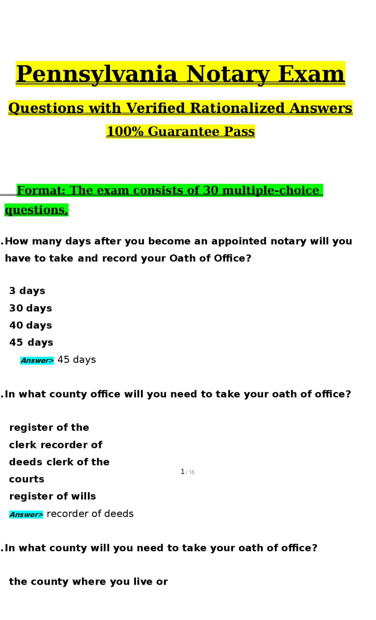 Pennsylvania Notary Exam Verified Rationalized Q&A | 100% Pass | Exams ...