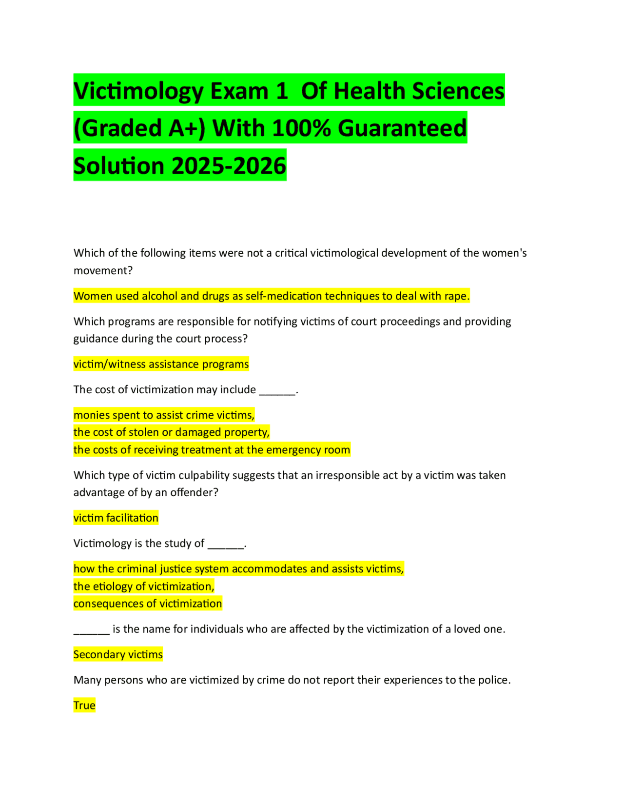Victimology Exam 1 Of Health Sciences (Graded A+) With 100% Guaranteed ...