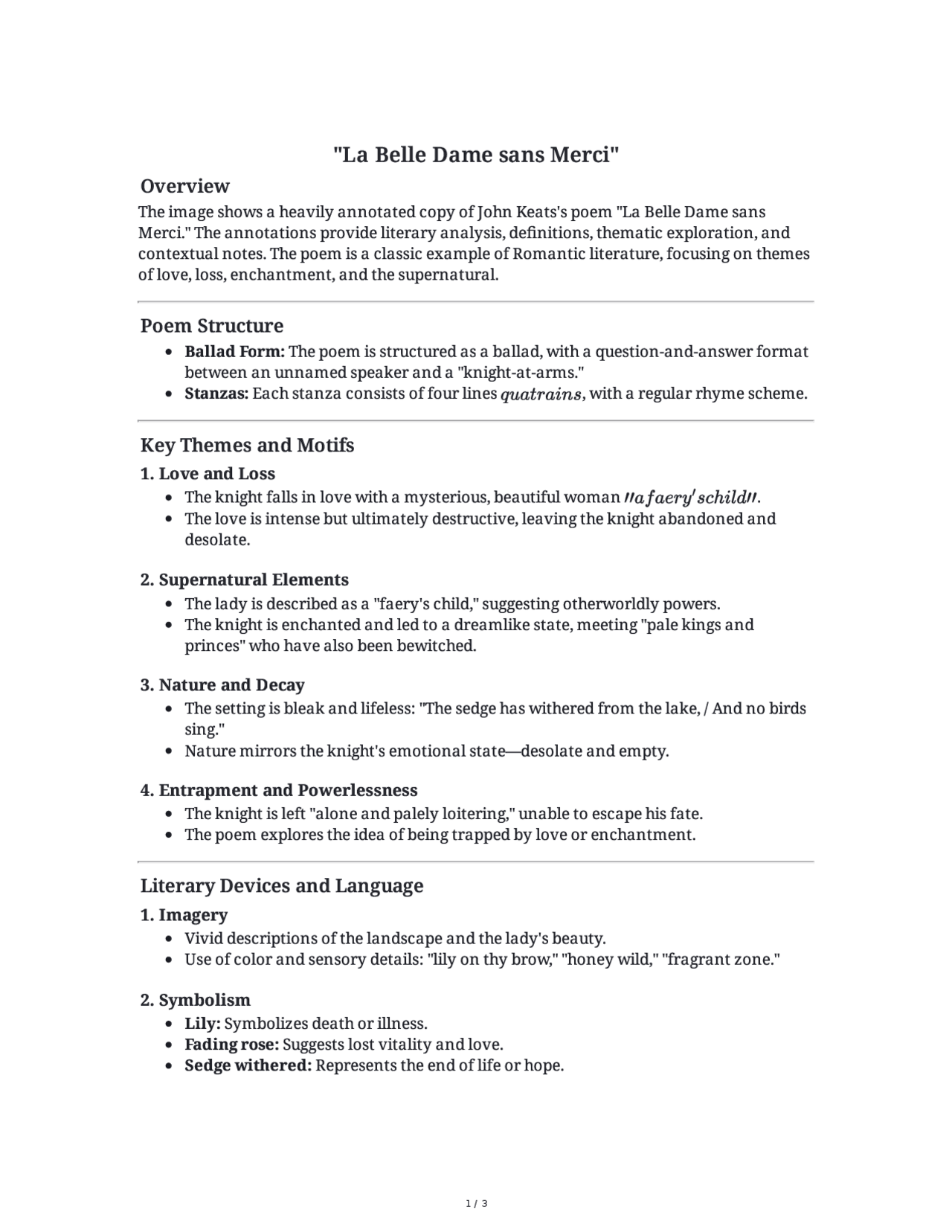 Literary Analysis of John Keats' 'La Belle Dame sans Merci' | Schemi e ...