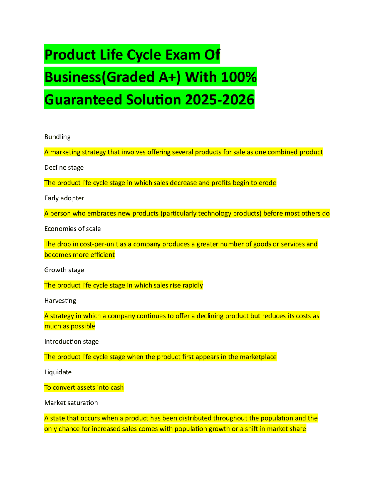 Product Life Cycle Exam Of Business(Graded A+) With 100% Guaranteed ...