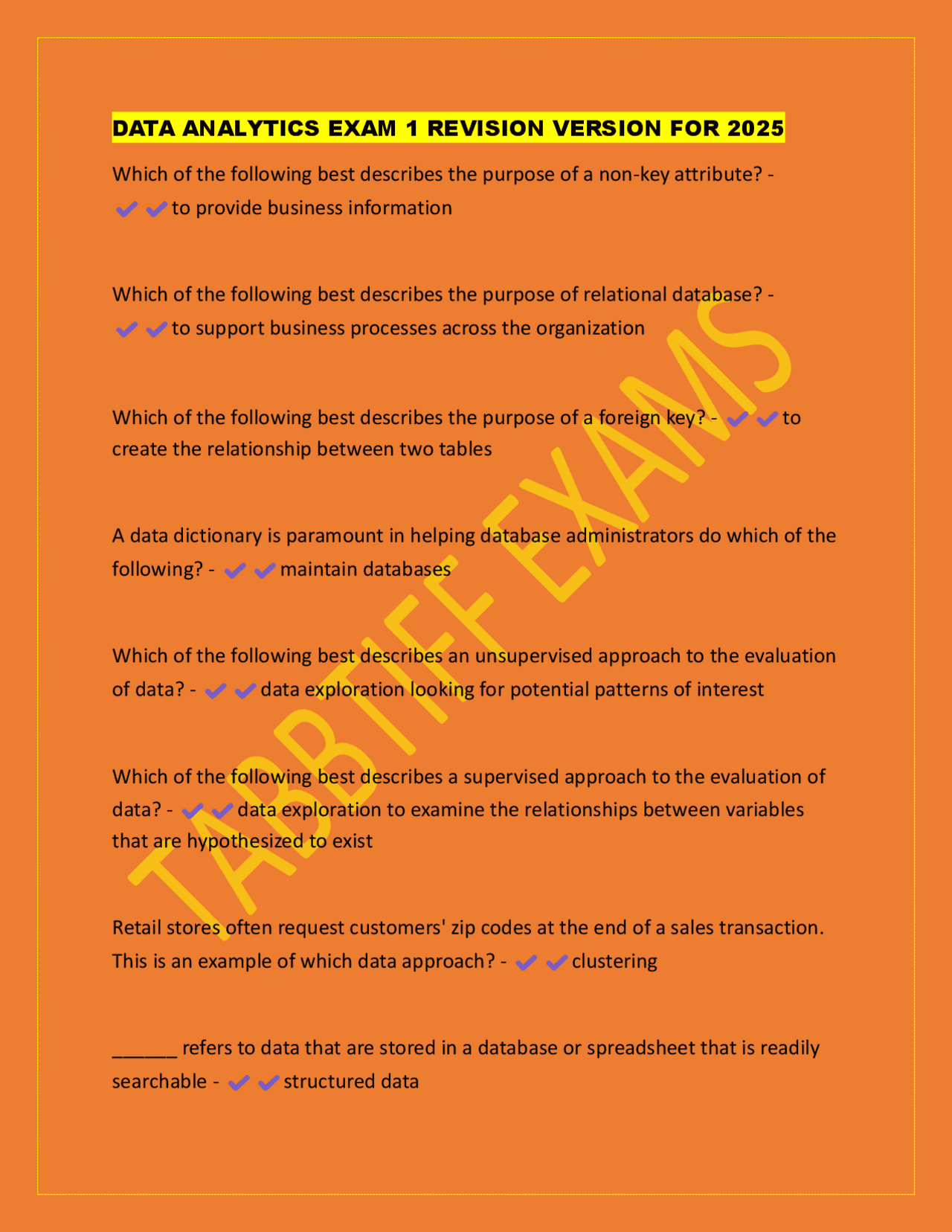 Data Analytics Exam 1 Revision Questions for 2025 | Exams Data Mining ...