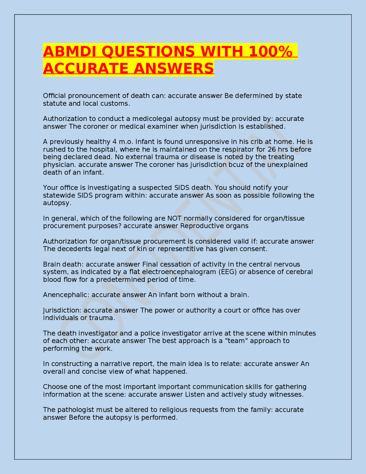 ABMDI QUESTIONS WITH 100% ACCURATE ANSWERS | Exams Public Health | Docsity