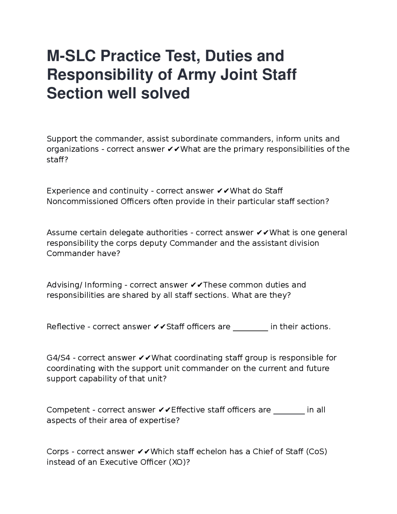 M-SLC Practice Test: Army Joint Staff Duties and Responsibilities ...