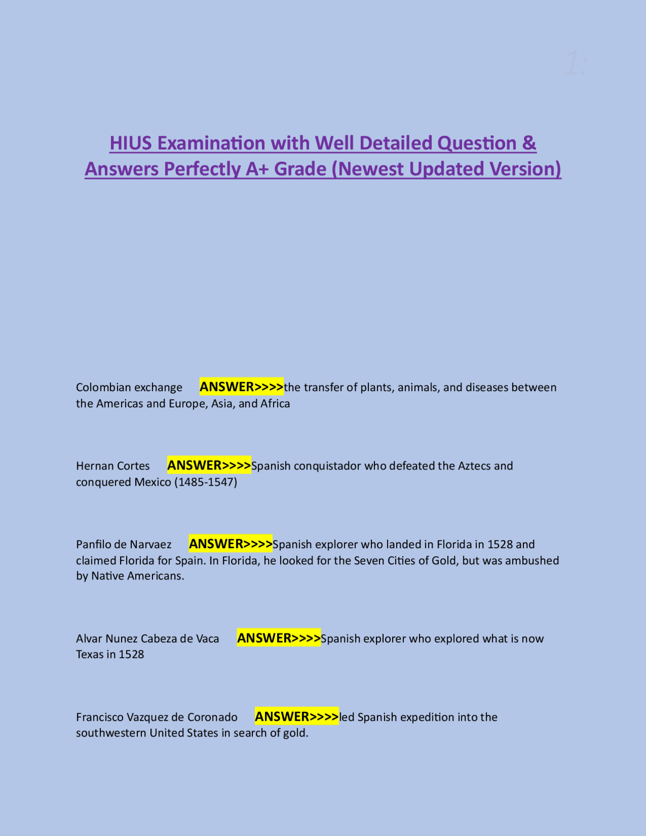 HIUS Examination: Detailed Q&A for A+ Grade | Exams Nursing | Docsity