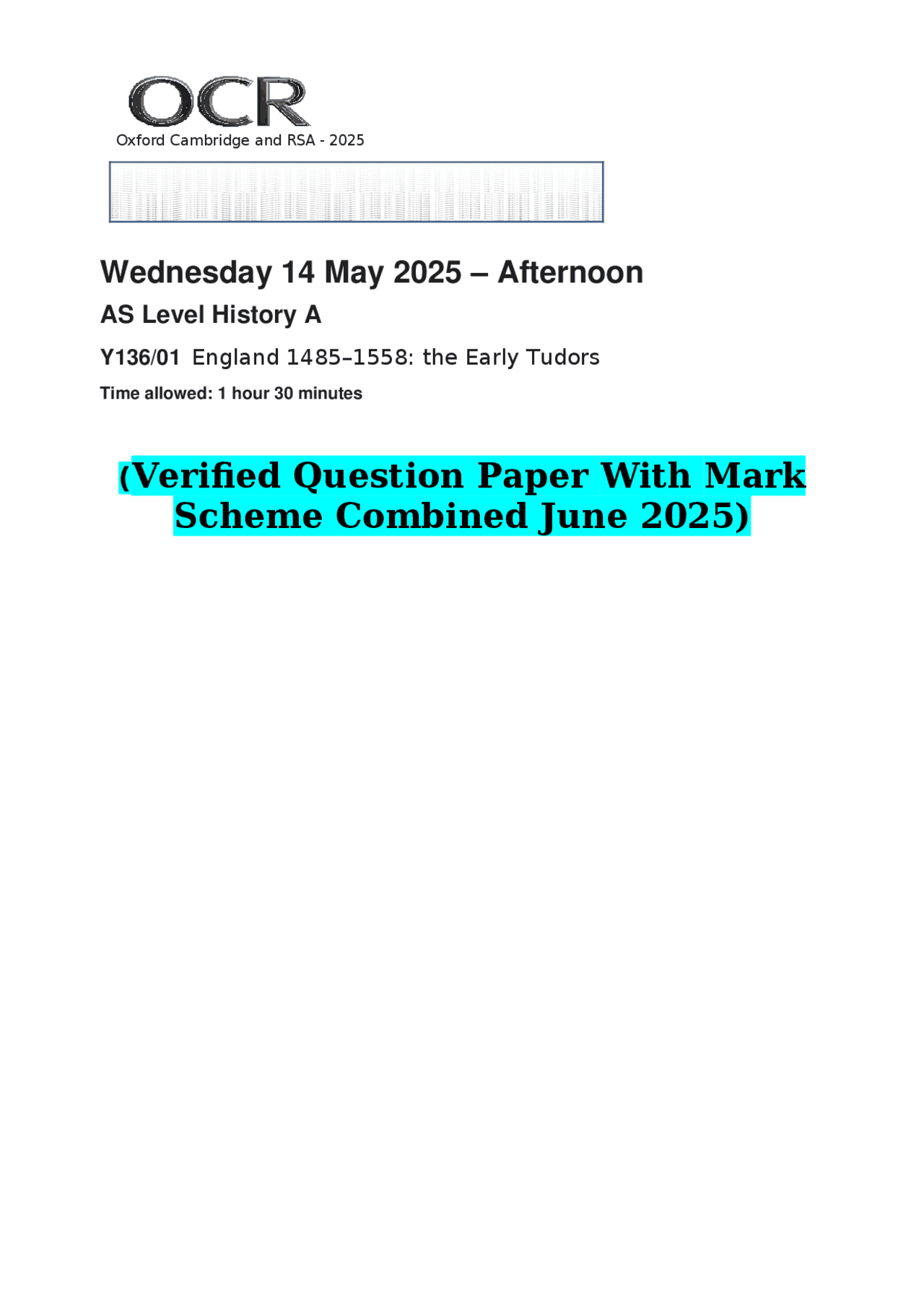 2025 OCR AS Level History A Y136/01 England 1485–1558: the Early Tudors ...
