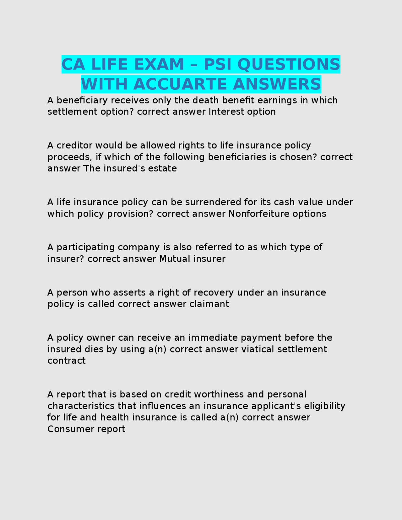 CA Life Exam Practice Questions and Answers | Exams Business Economics ...