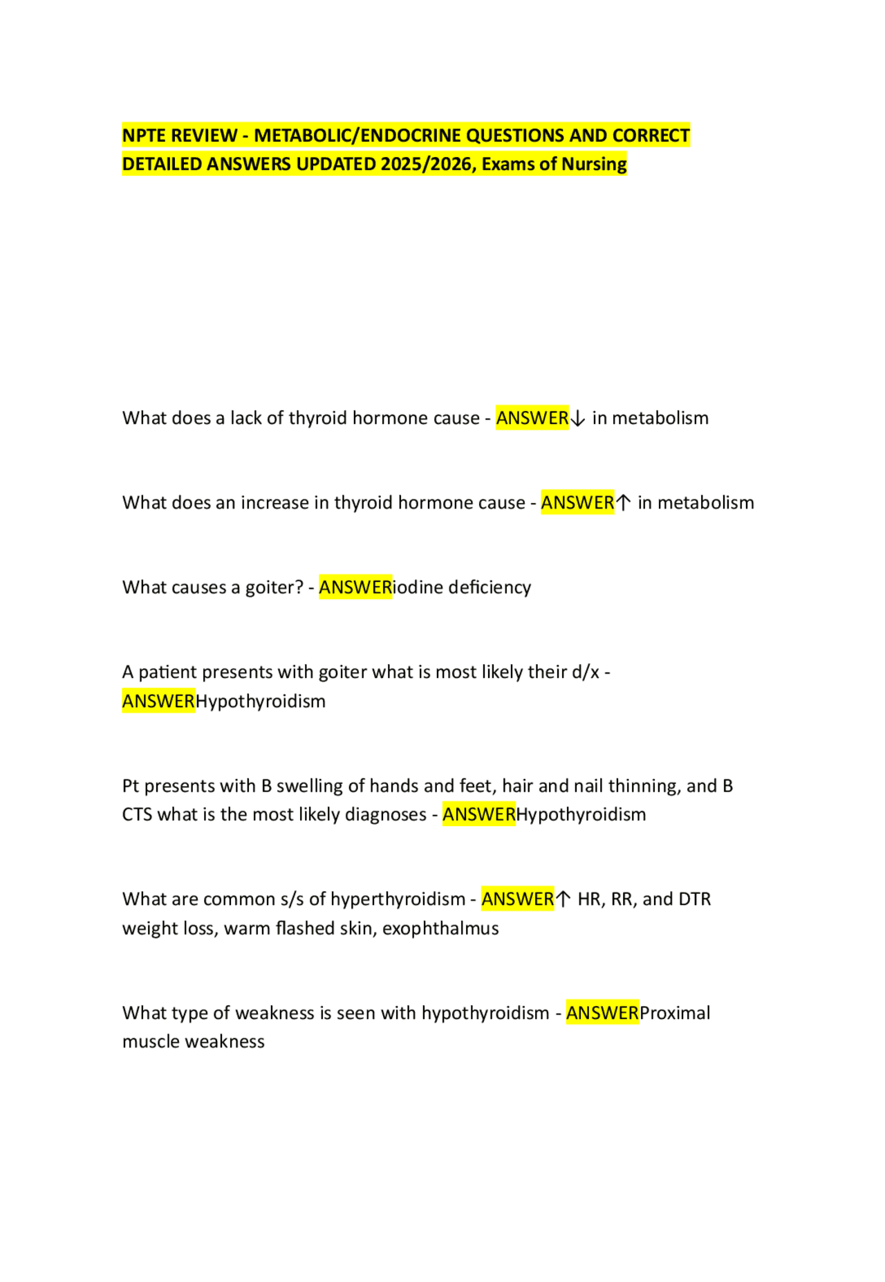 Metabolic and Endocrine System Review Questions for NPTE Preparation ...