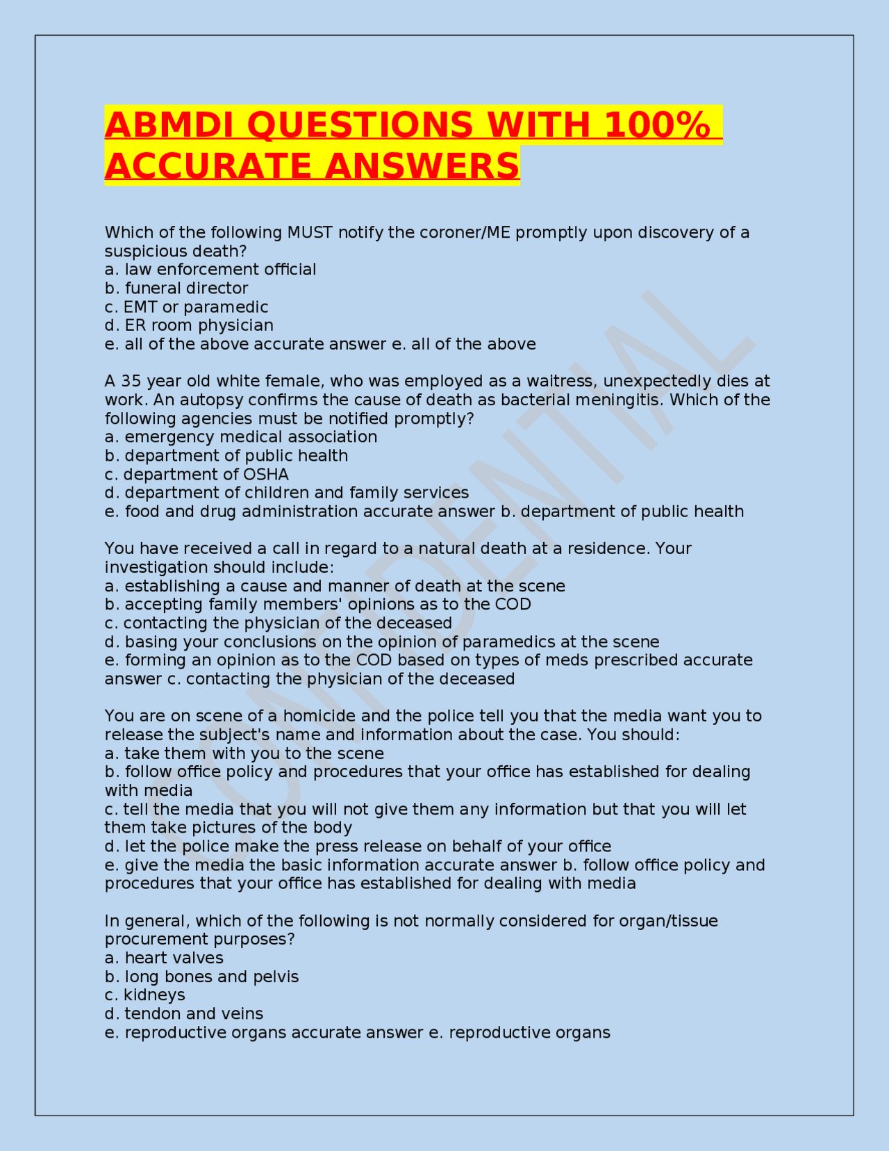 ABMDI QUESTIONS WITH 100% ACCURATE ANSWERS | Exams Public Health | Docsity