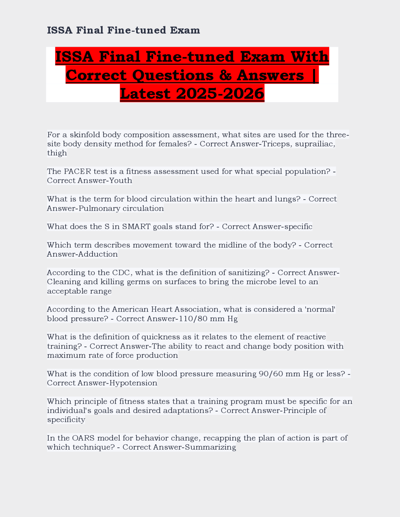 ISSA Final Exam Questions and Answers 2025-2026 | Exams Nutrition | Docsity