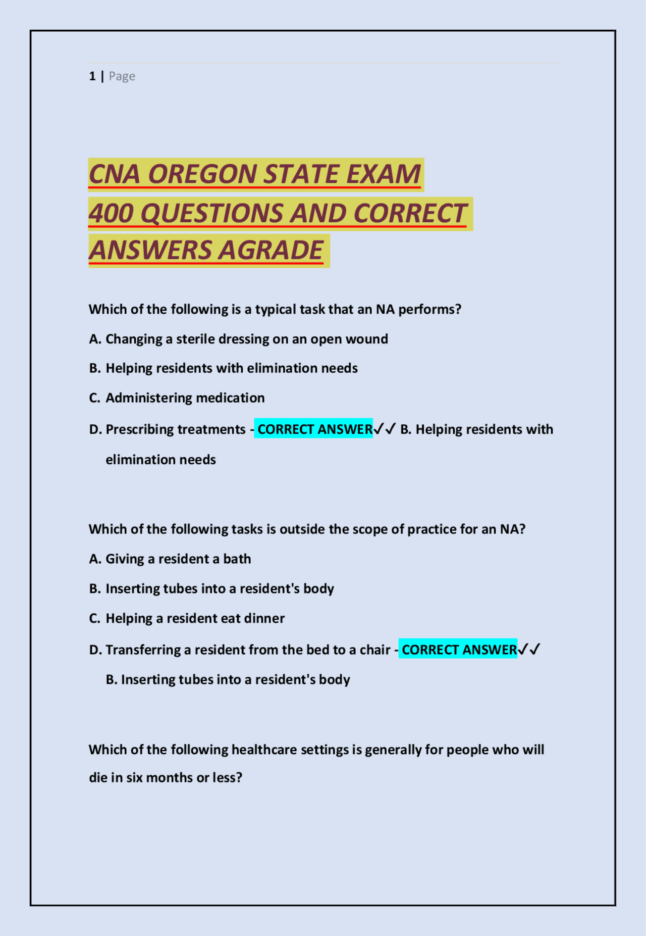 CNA OREGON STATE EXAM 400 QUESTIONS AND CORRECT ANSWERS AGRADE | Exams ...