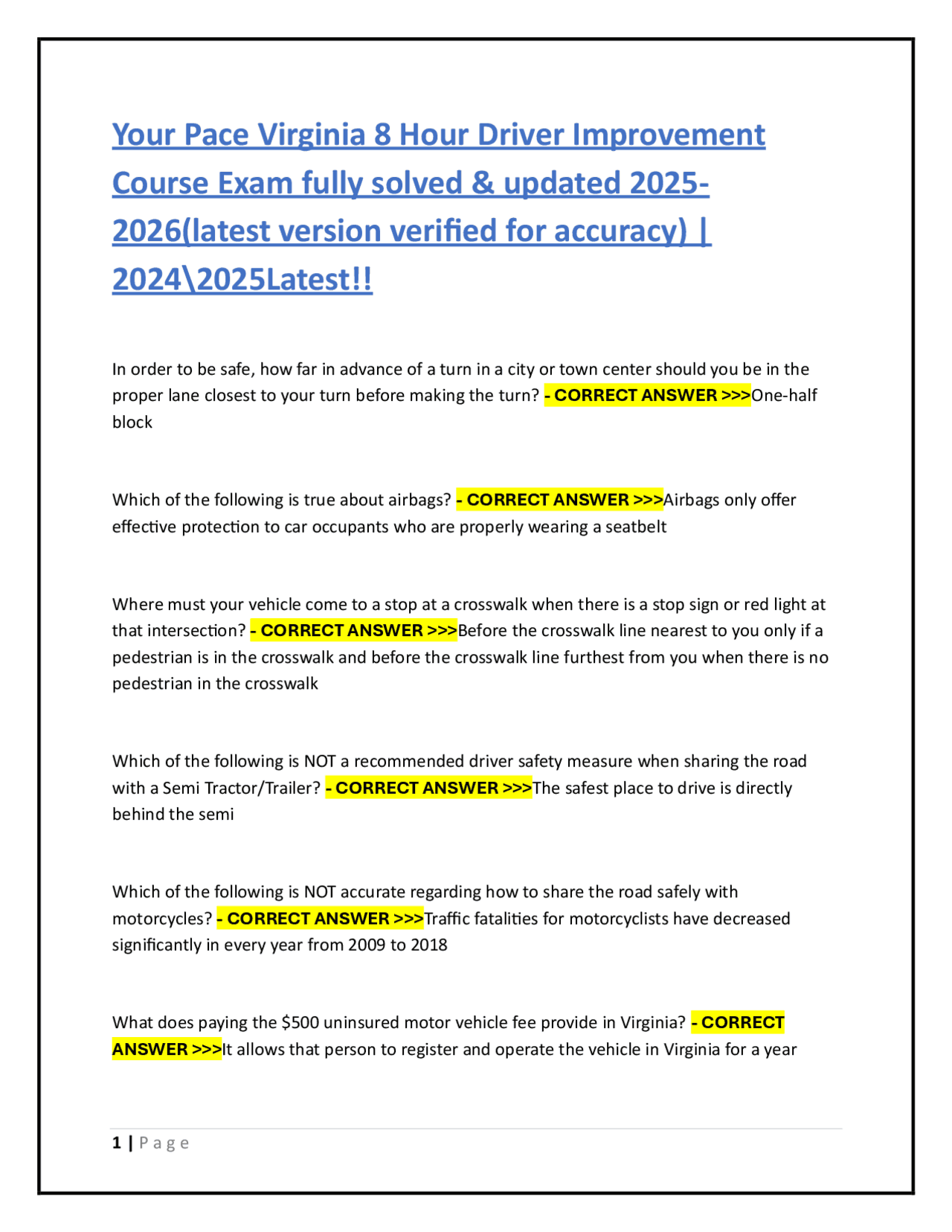 Your Pace Virginia 8 Hour Driver Improvement Course Exam fully solved ...