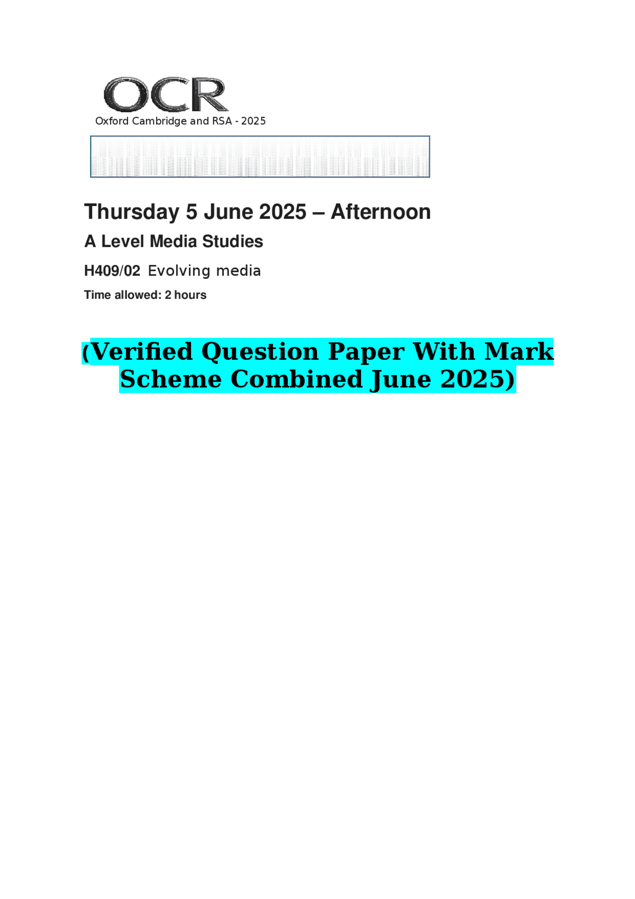 2025 OCR A Level Media Studies H409/02 Evolving media | Exams Media ...