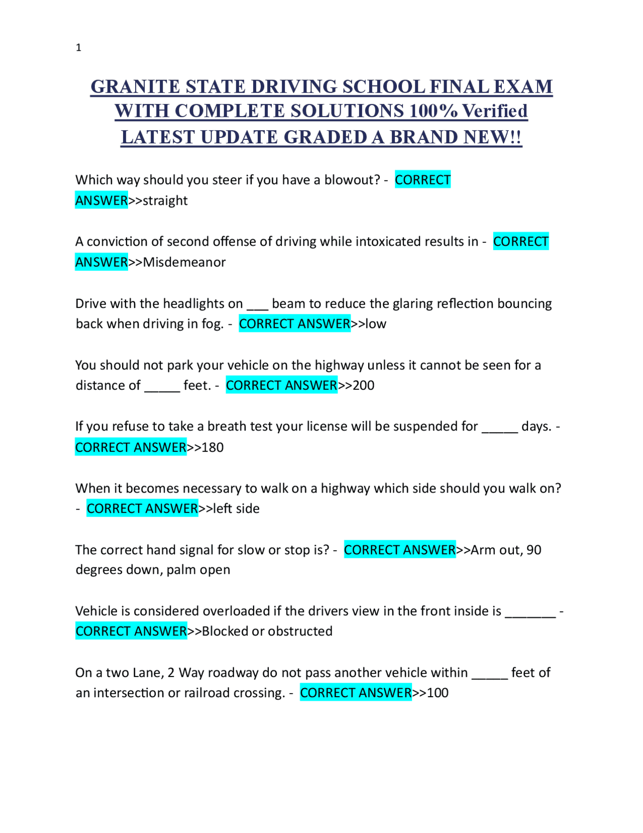 GRANITE STATE DRIVING SCHOOL FINAL EXAM WITH COMPLETE SOLUTIONS 100% ...