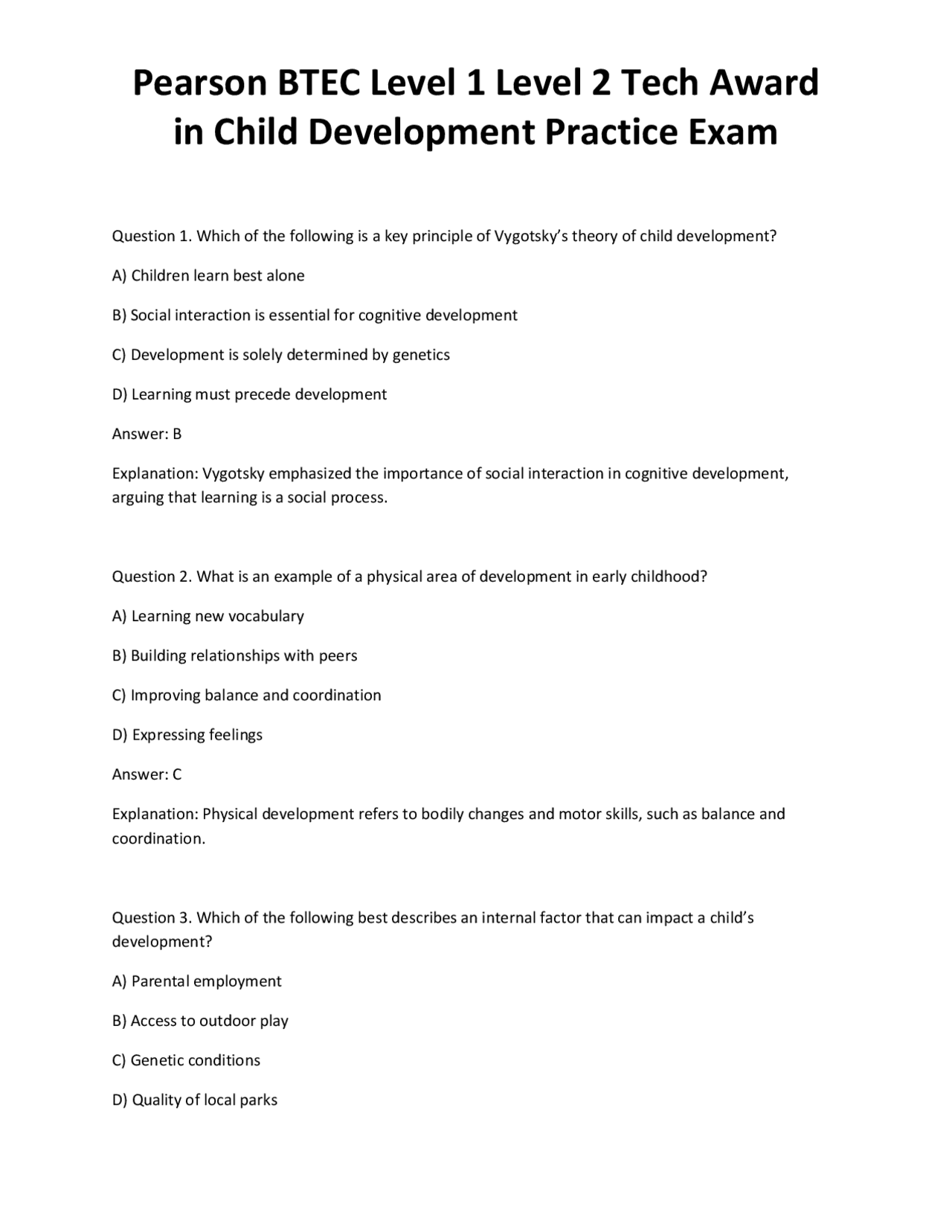 Child Development Practice Exam: BTEC Level 1/Level 2 Tech Award ...