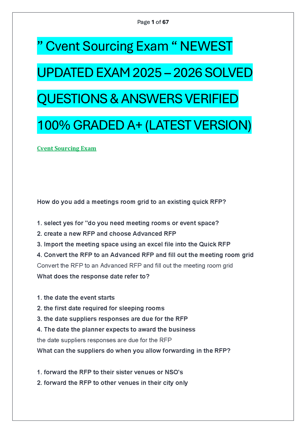 Cvent Sourcing Exam “ NEWEST UPDATED EXAM 2025 – 2026 SOLVED QUESTIONS ...