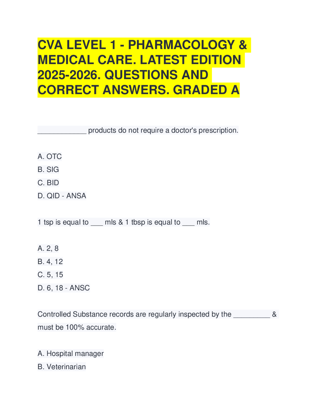 Pharmacology and Medical Care: Level 1 Questions and Answers | Exams ...