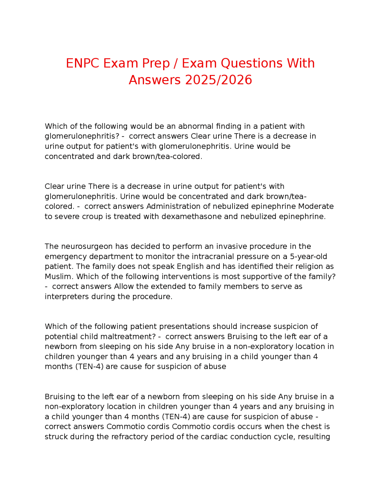 Emergency Nursing Pediatric Course (ENPC) Exam Questions and Answers ...