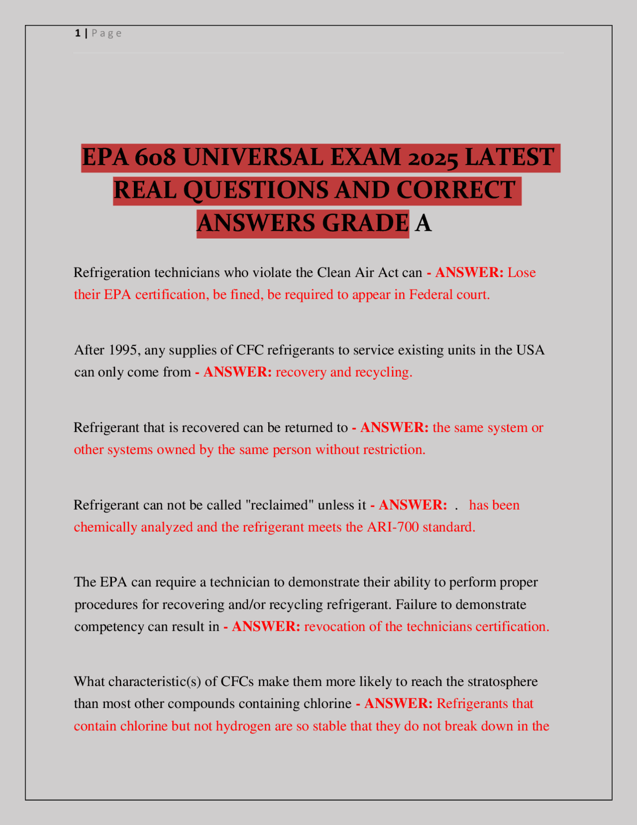 EPA 608 UNIVERSAL EXAM 2025 LATEST REAL QUESTIONS AND CORRECT ANSWERS ...