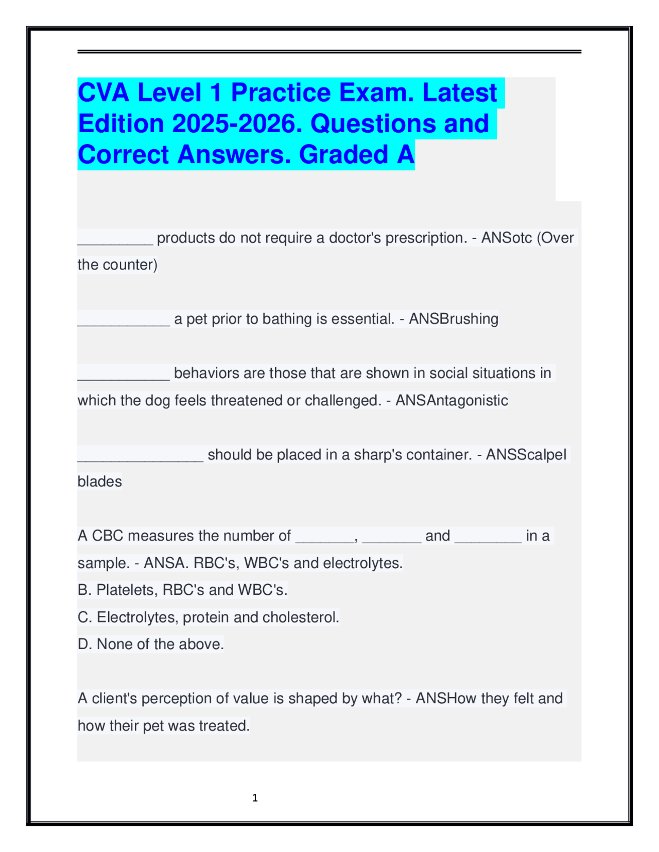 CVA Level 1 Practice Exam 2025-2026: Questions and Answers | Exams ...