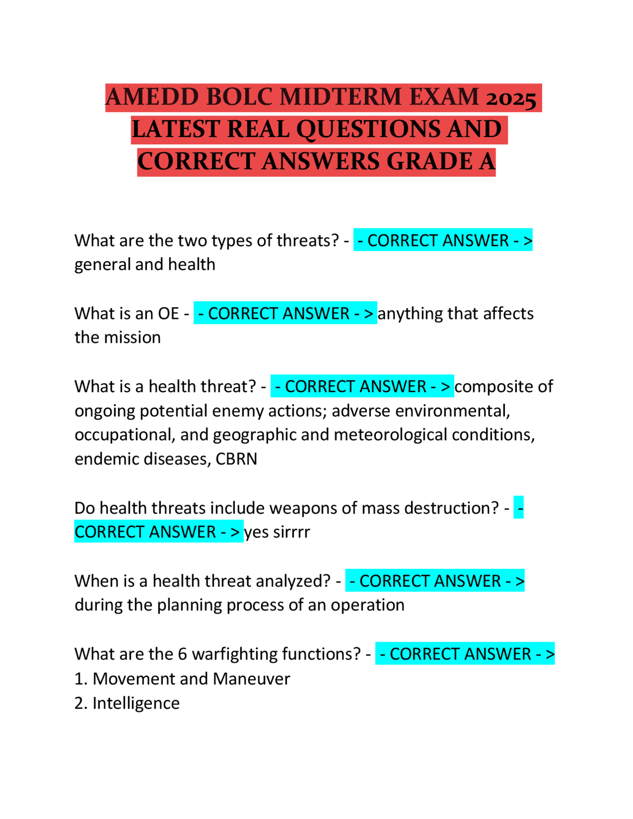 AMEDD BOLC MIDTERM EXAM 2025 LATEST REAL QUESTIONS AND CORRECT ANSWERS ...
