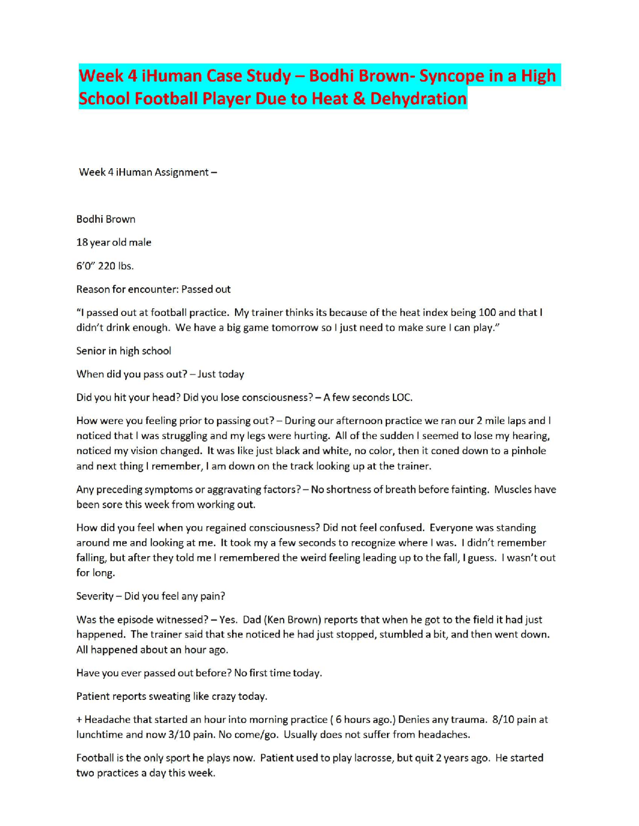 Week 4 iHuman Case Study – Bodhi Brown- Syncope in a High School ...