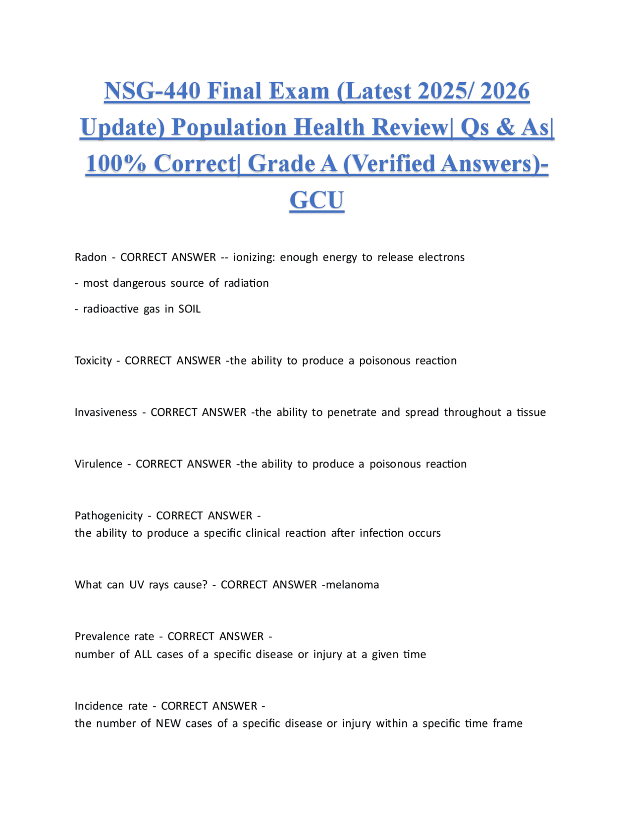 NSG-440 Population Health Final Exam Q&A (2025/2026 Update) | Exams ...