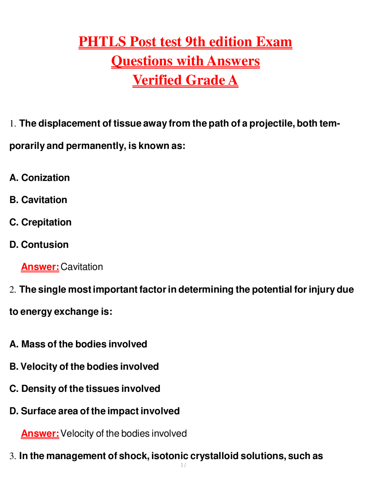 PHTLS Post Test 9th Edition Exam (Latest 2026/2027) Complete Questions ...
