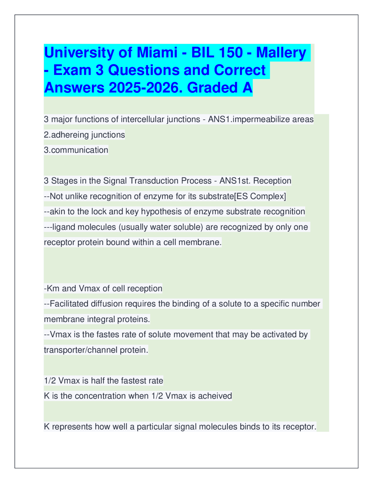 University of Miami - BIL 150 - Mallery - Exam 3 Q&A 2025-2026. Rated A ...