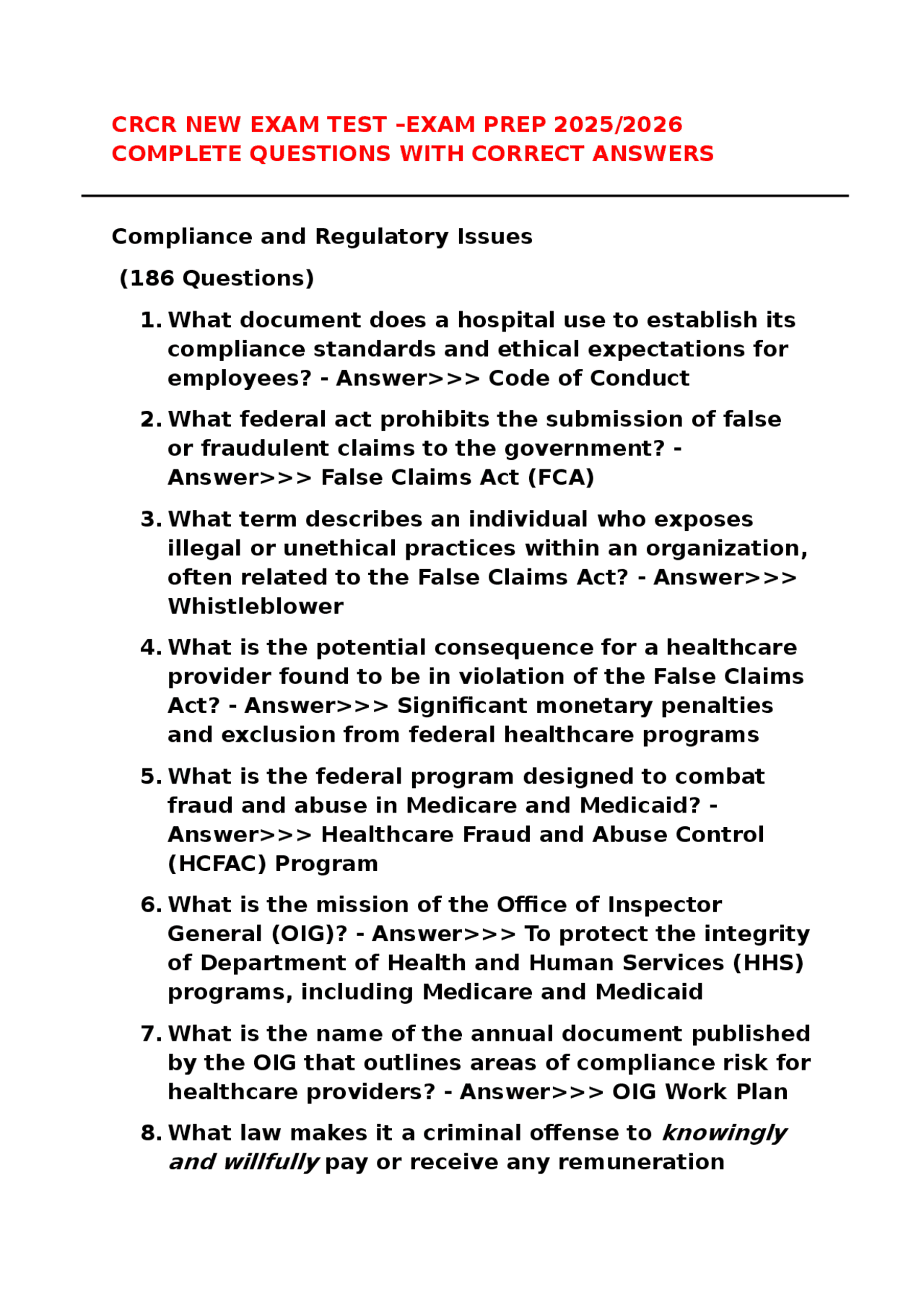 CRCR NEW EXAM TEST –COMPLIANCE EXAM PREP 2025/2026 COMPLETE QUESTIONS ...