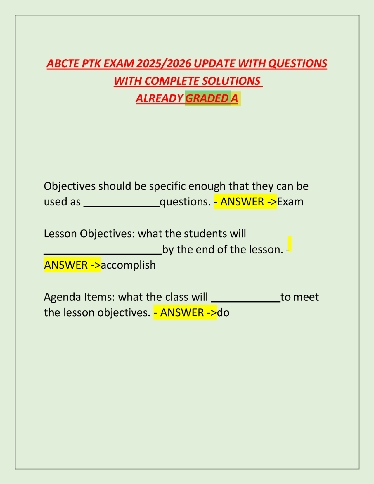 ABCTE PTK EXAM 2025/2026 UPDATE WITH QUESTIONS WITH COMPLETE SOLUTIONS ...