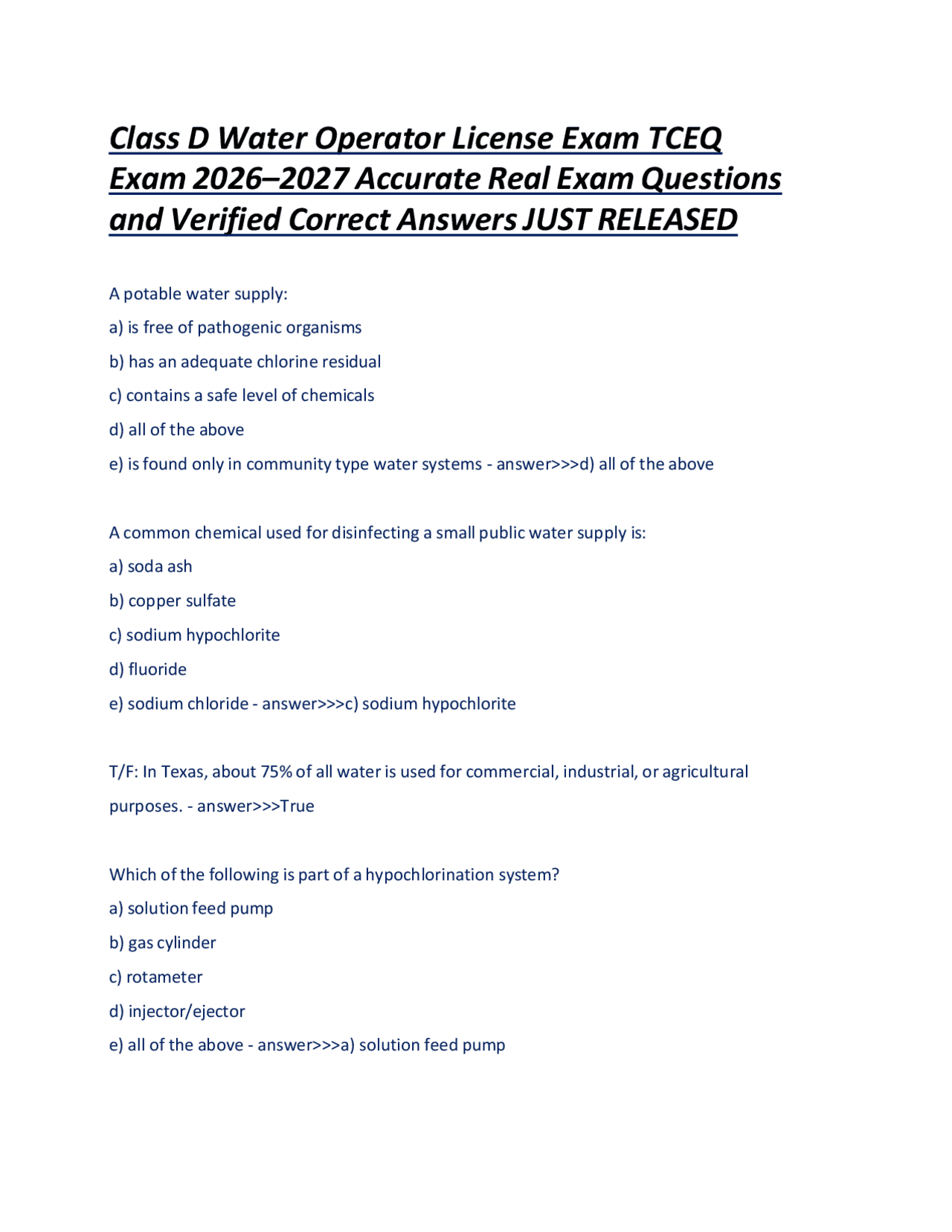 Class D Water Operator License Exam TCEQ Exam 2026–2027 Accurate Real ...