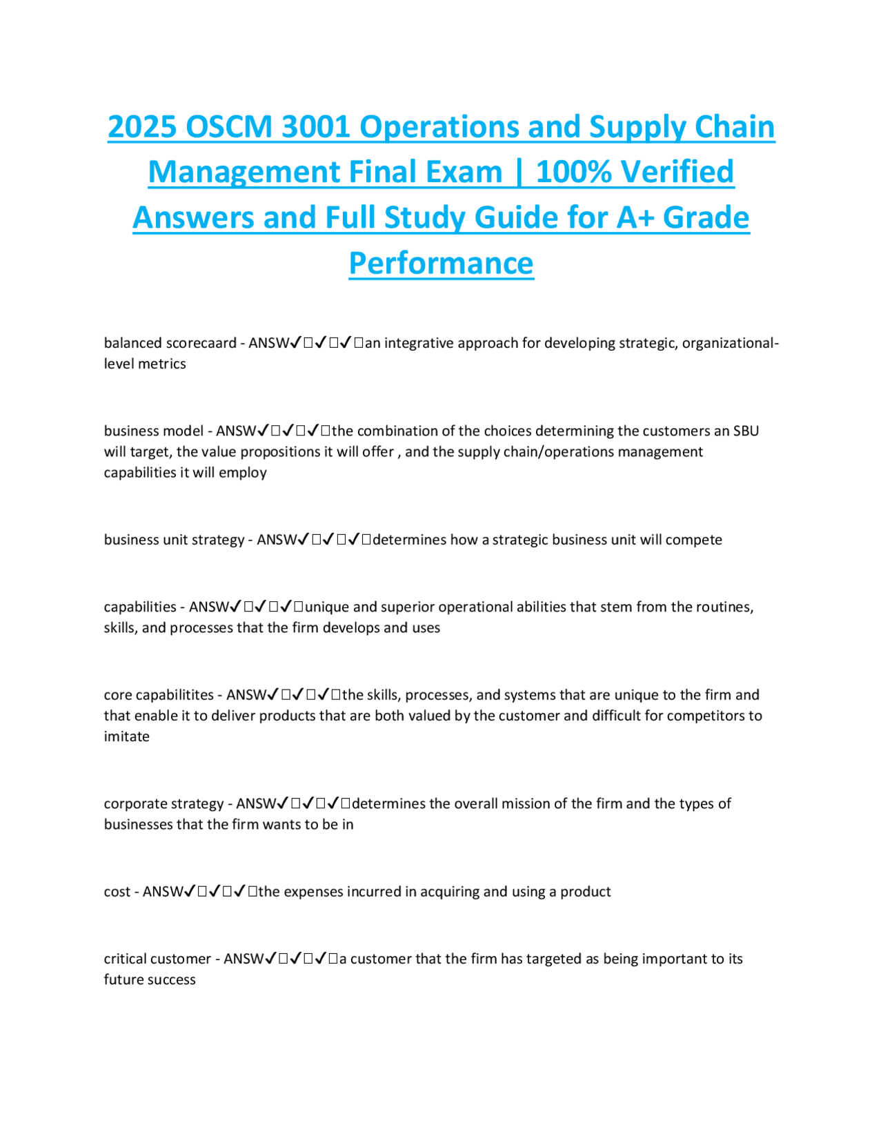 Operations and Supply Chain Management Final Exam Study Guide | Exams ...