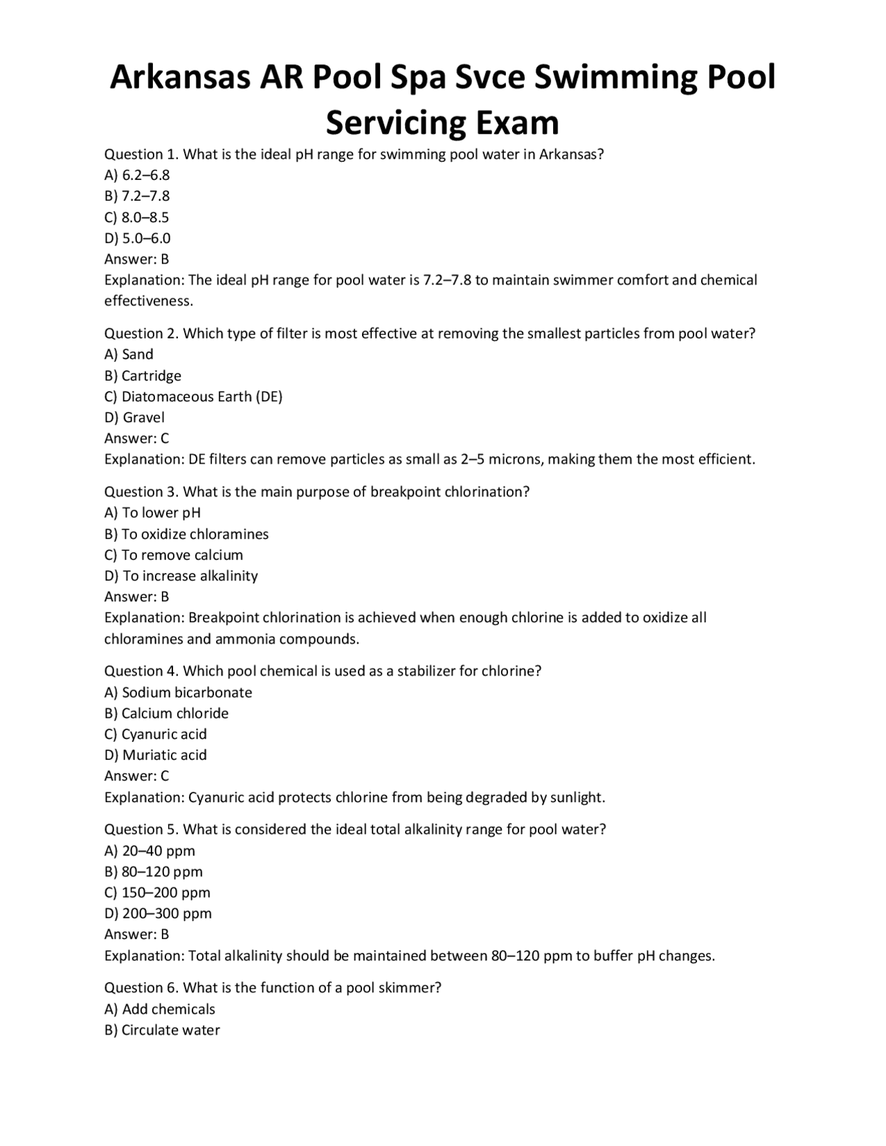Arkansas AR Pool Spa Svce Swimming Pool Servicing Exam | Exams ...