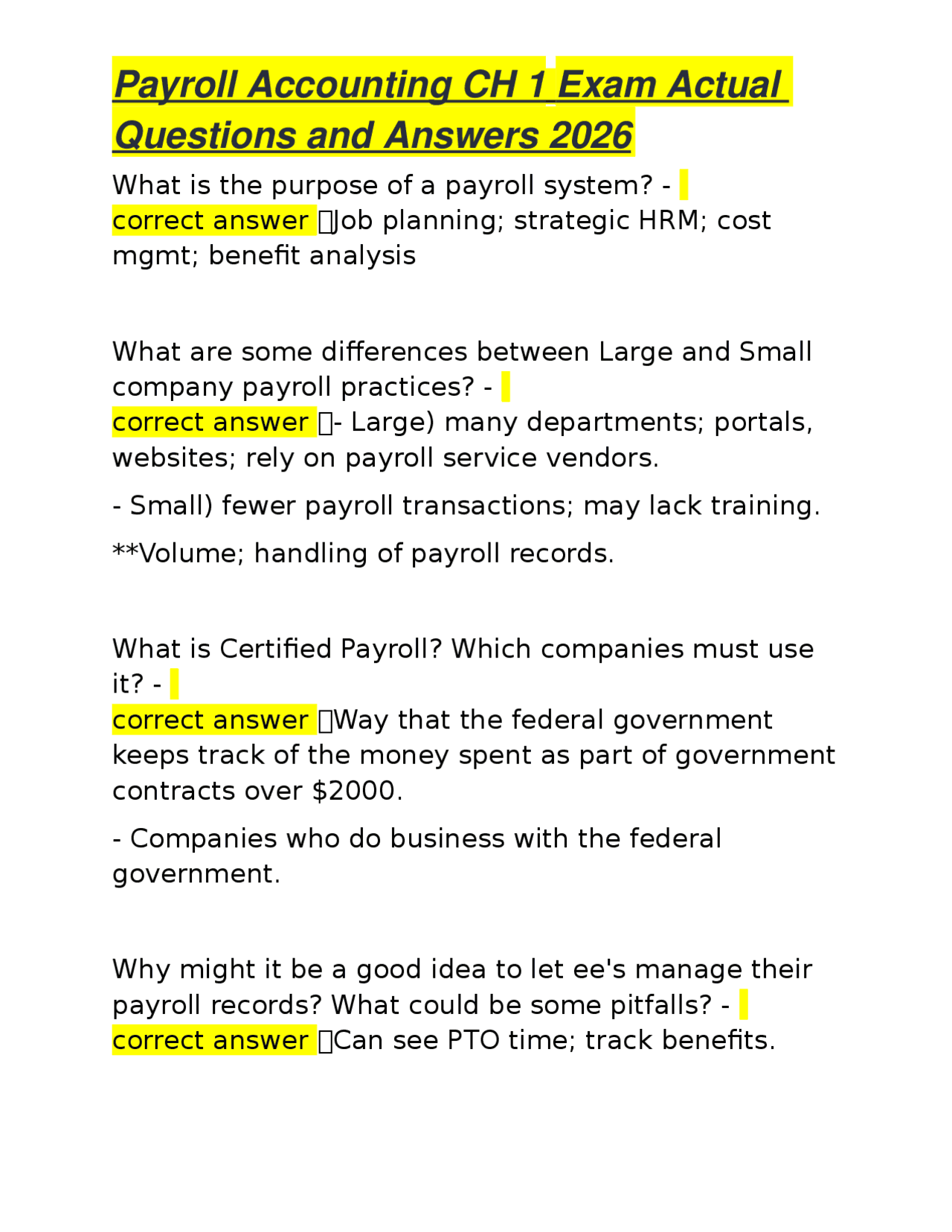 Payroll Accounting Exam Questions and Answers | Exams Accounting | Docsity