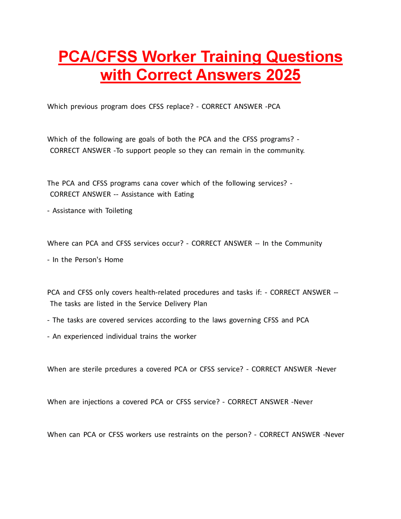PCA/CFSS Worker Training Questions and Answers 2025 | Exams Advanced ...