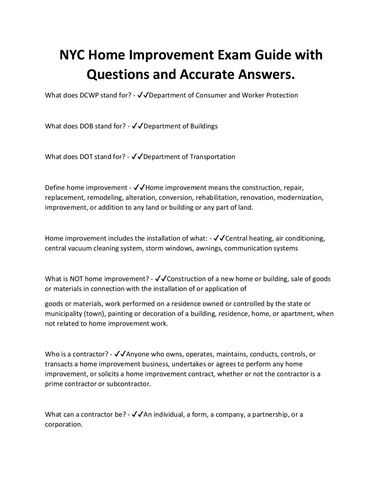 NYC Home Improvement Exam Questions and Answers Guide | Exams Consumer ...