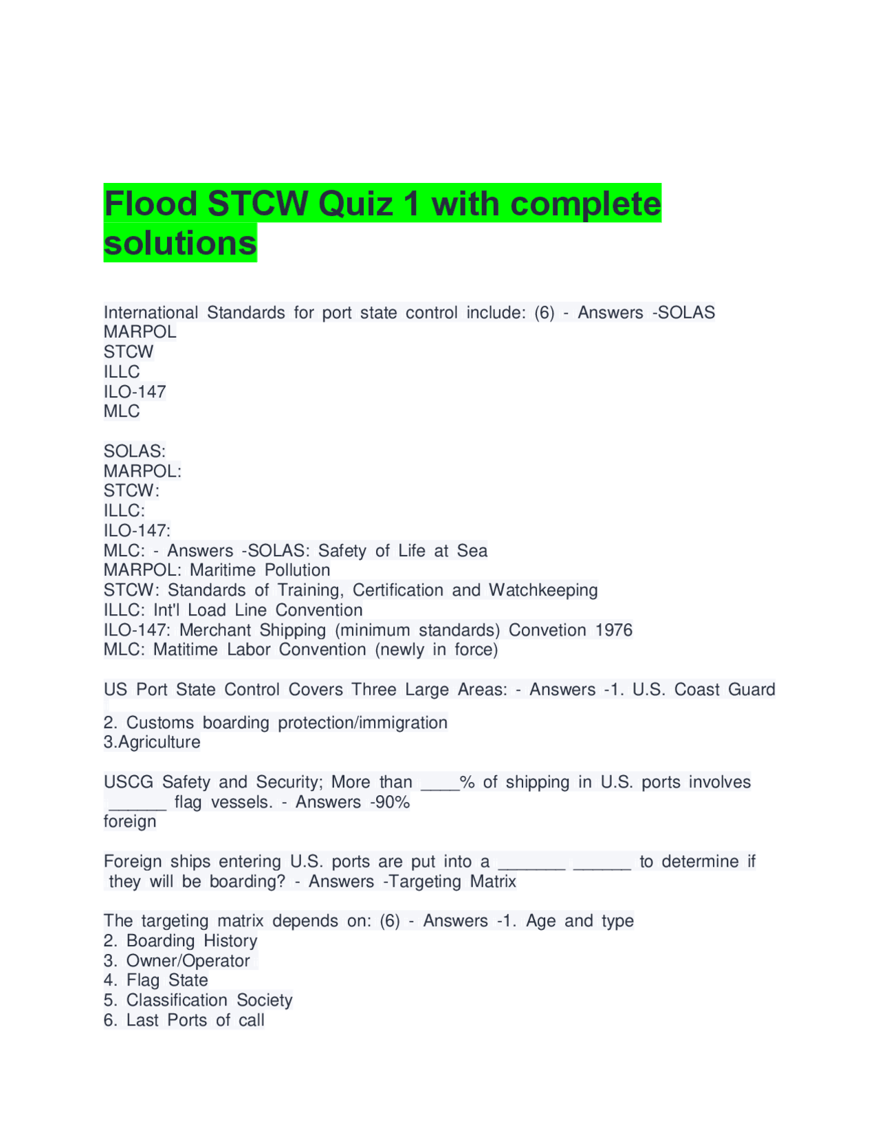 STCW Quiz 1 with Complete Solutions: Maritime Safety and Regulations ...