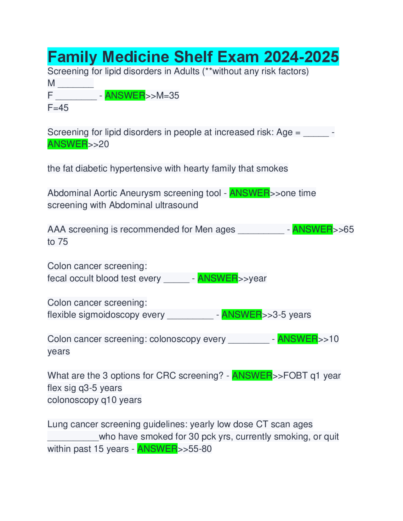 Family Medicine Shelf Exam Review: Screening Guidelines and Key ...